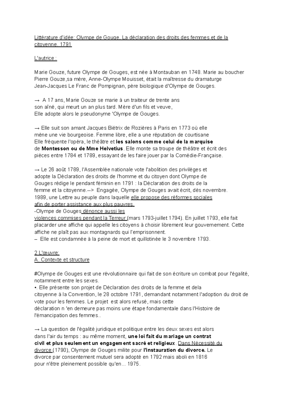 Littérature d’idée Olympe de Gouge, La déclaration des droits des ...