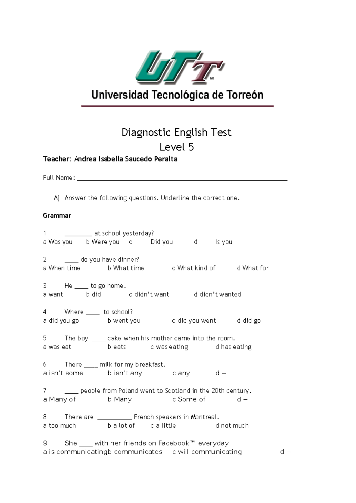 Diagnostic English Test Level 5 - Diagnostic English Test Level 5 ...