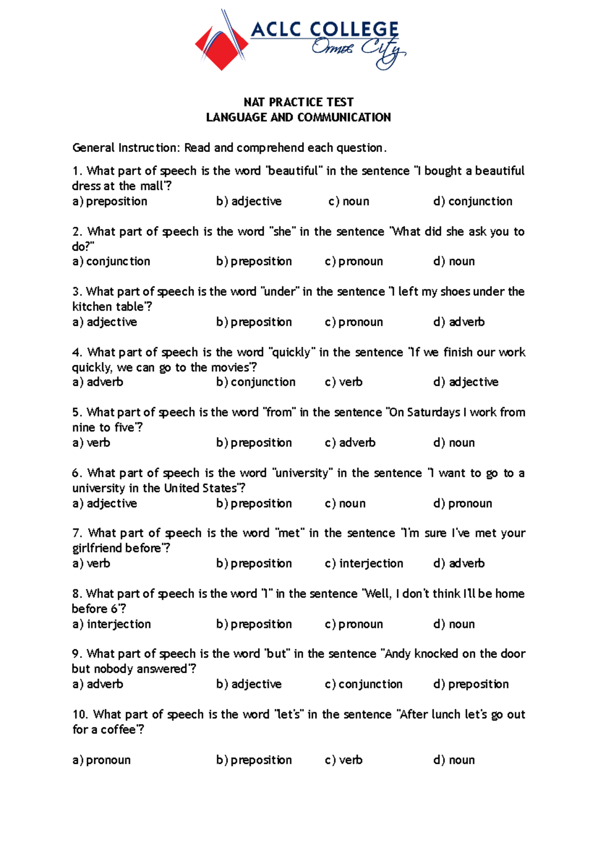 English - NAT PRACTICE TEST LANGUAGE AND COMMUNICATION General ...