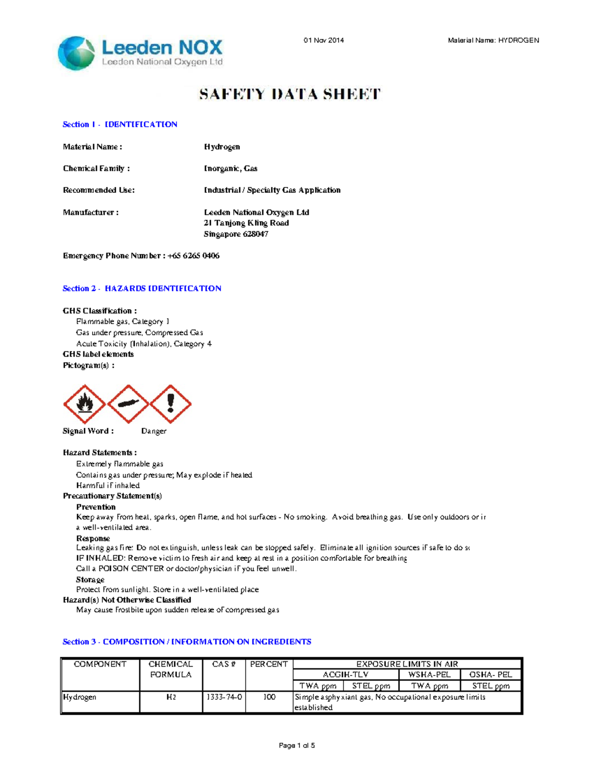 Hydrogen compressed gas GHS 1333-74-0 LNOX - Section 1 - IDENTIFICATION ...