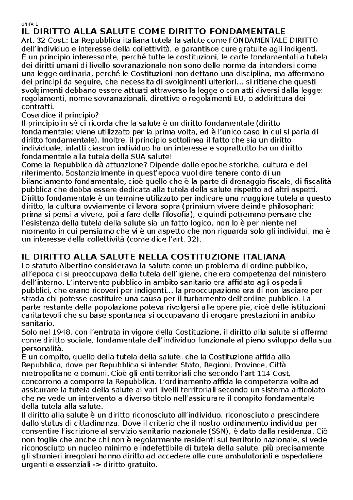 Copia di Diritto ALLA Salute - Unità 1 - IL DIRITTO ALLA SALUTE COME ...