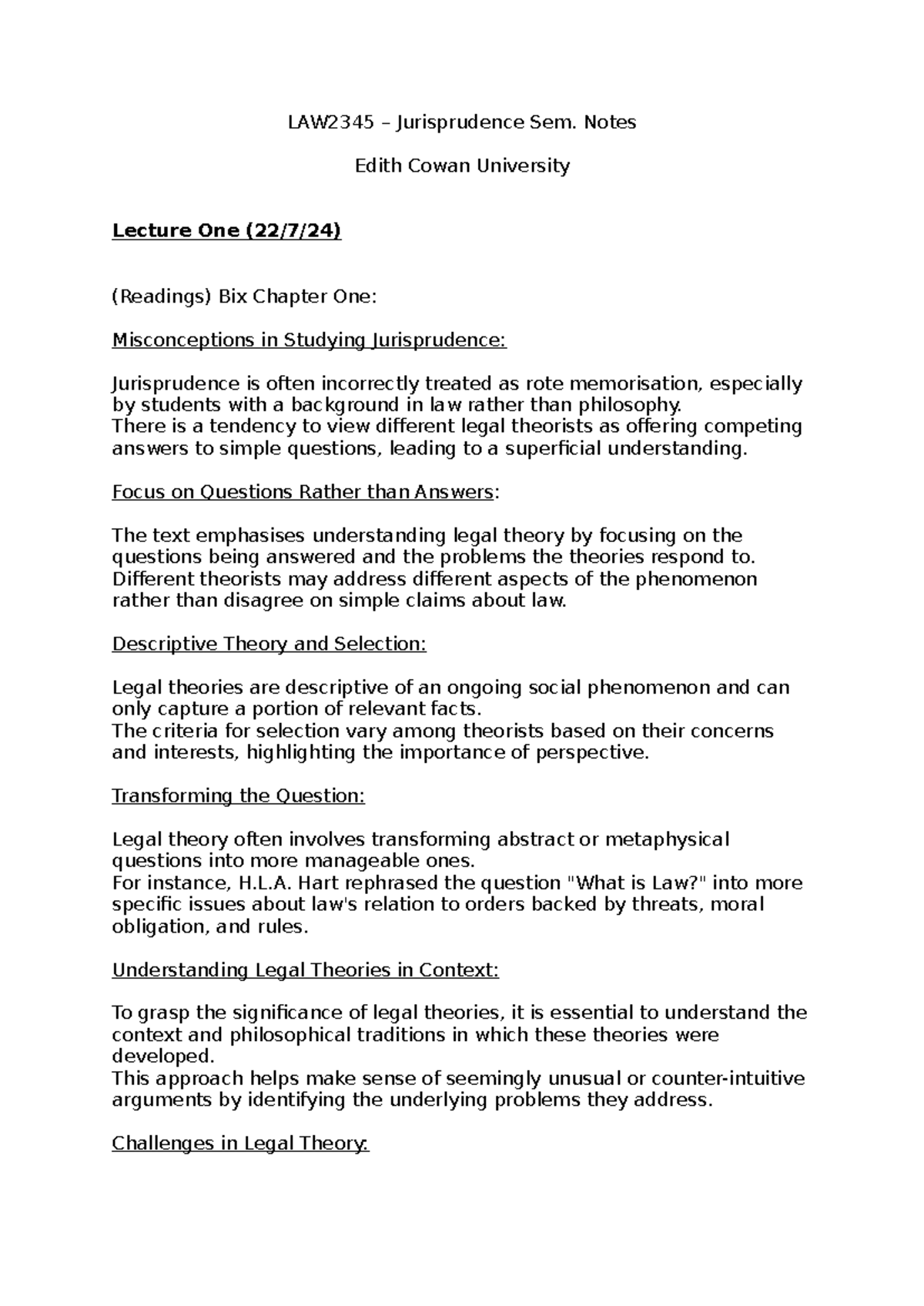 Jurisprudence Sem. Notes - LAW2345 – Jurisprudence Sem. Notes Edith ...