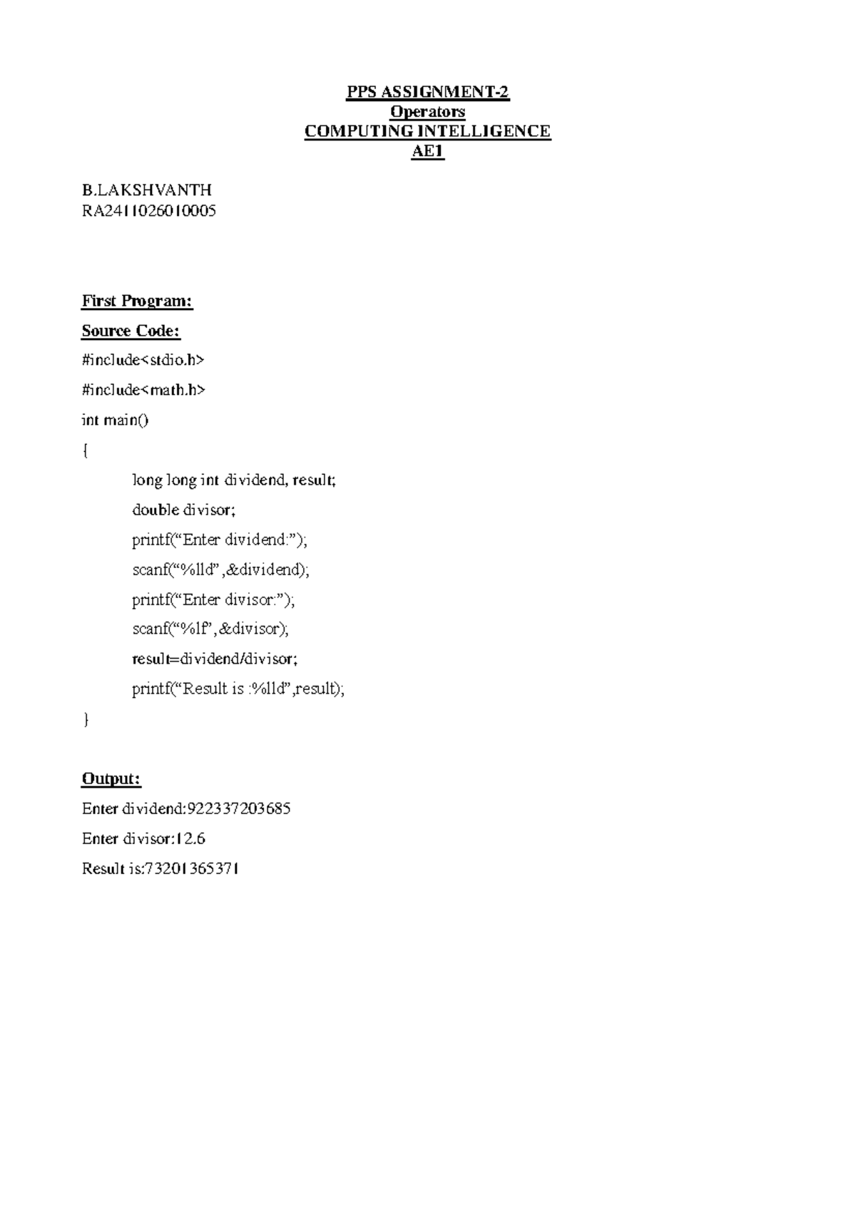 Untitled 1 - pps assigment - PPS ASSIGNMENT- 2 Operators COMPUTING ...