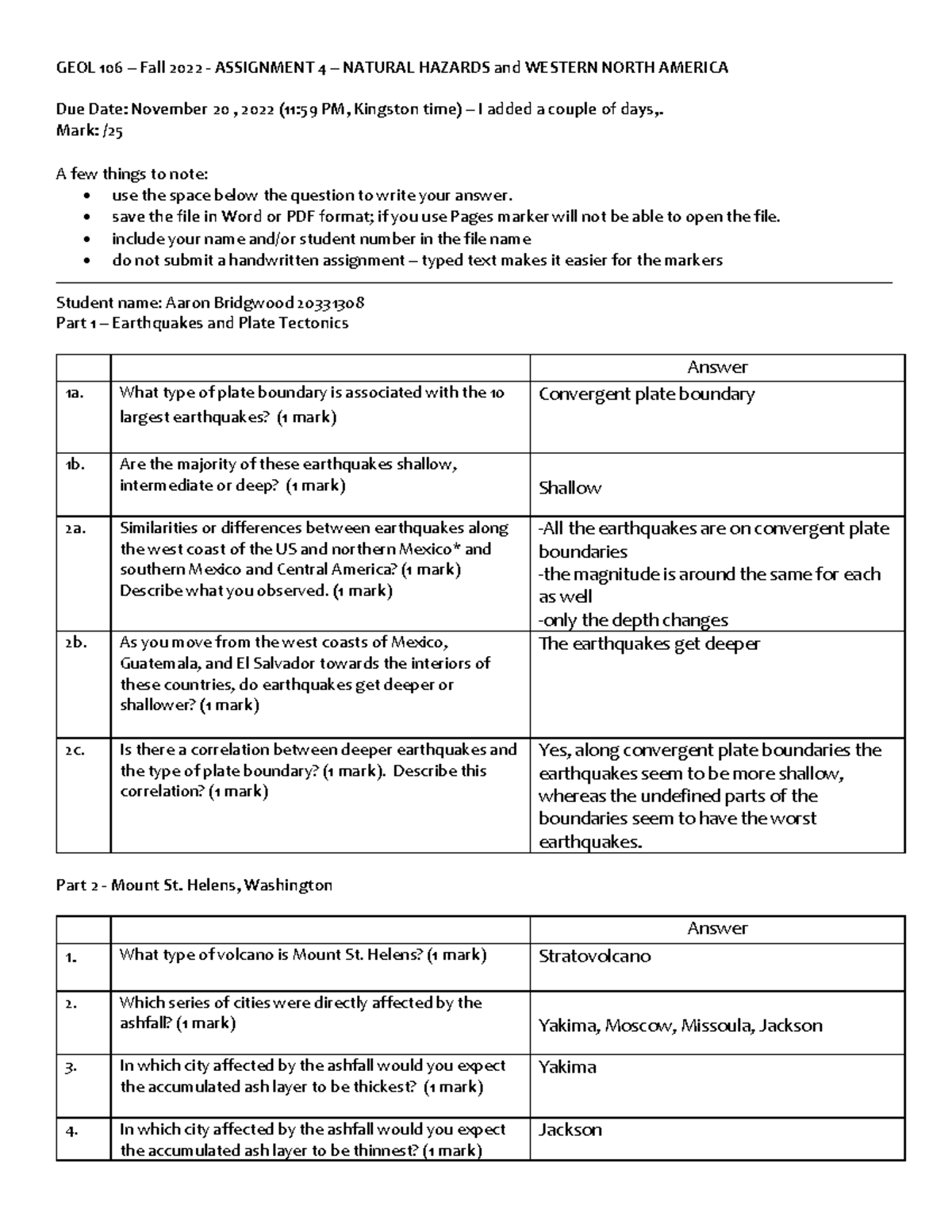 Aaron Bridgwood Assignment 4 Answer Sheet - GEOL 106 – Fall 2022 ...