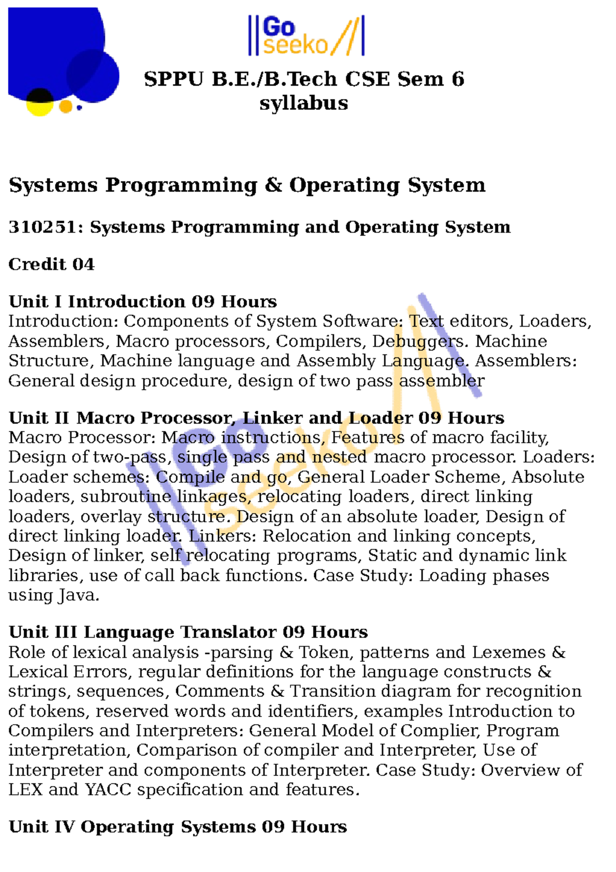 CSE Sem 6 syllabus - Bogiri sir - SPPU B.E./B CSE Sem syllabus Systems Programming & Operating ...