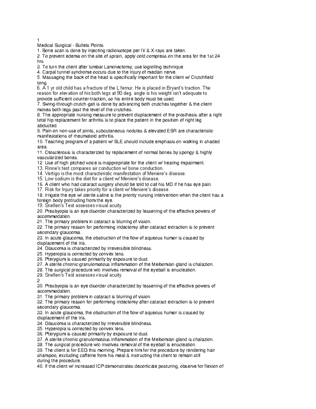 Med Surg Bullets - A list of general medical surgical information in ...