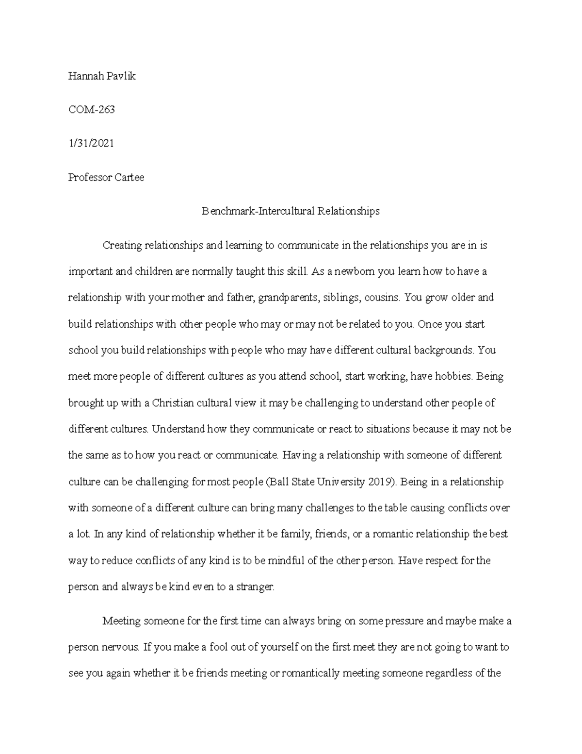 Intercultural relationship paper - Hannah Pavlik COM- 1/31/ Professor ...