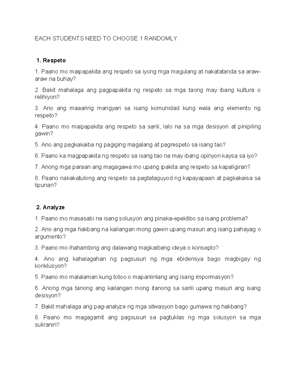 Values- Education- Recitation - EACH STUDENTS NEED TO CHOOSE 1 RANDOMLY ...