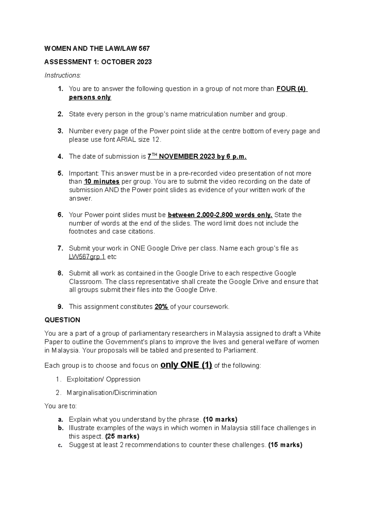 LW567 Assessment 1 October 2023 - WOMEN AND THE LAW/LAW 567 ASSESSMENT ...