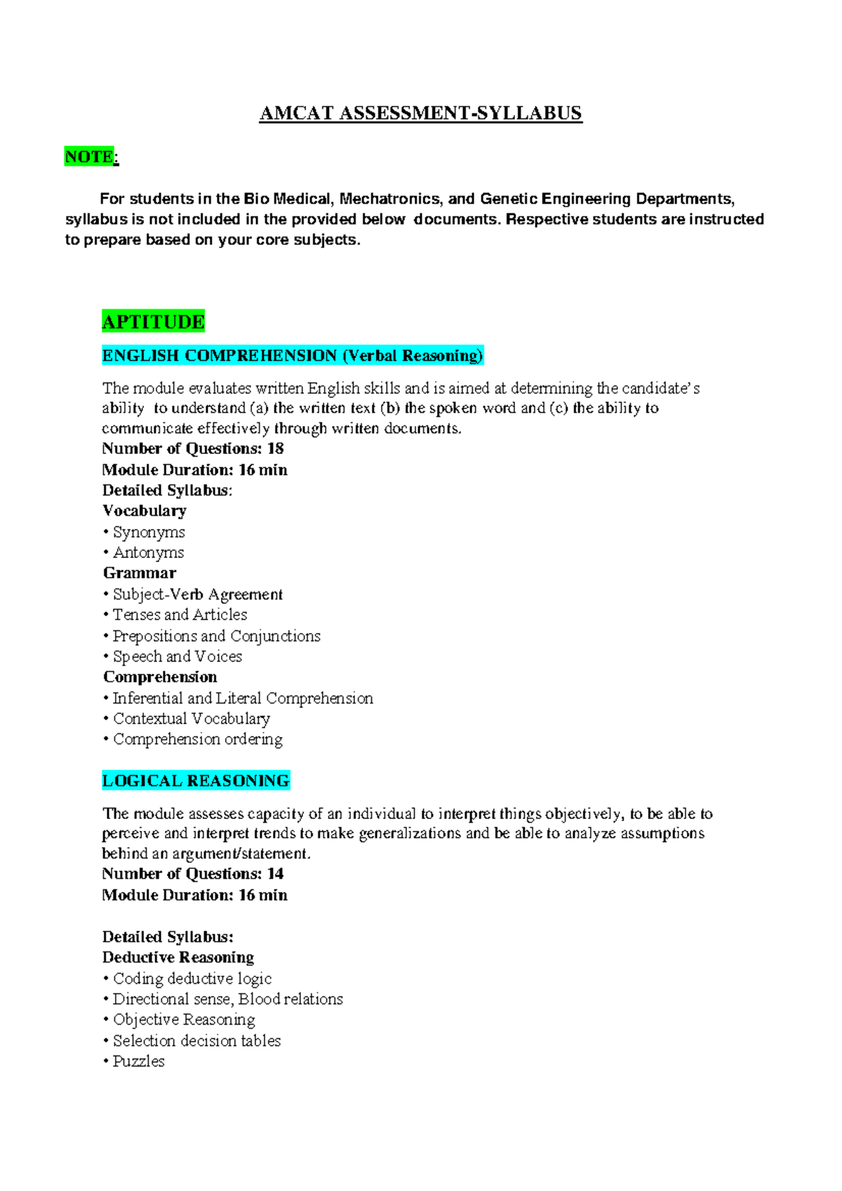 SHL Assessment- Syllabus - AMCAT ASSESSMENT-SYLLABUS NOTE: For students ...