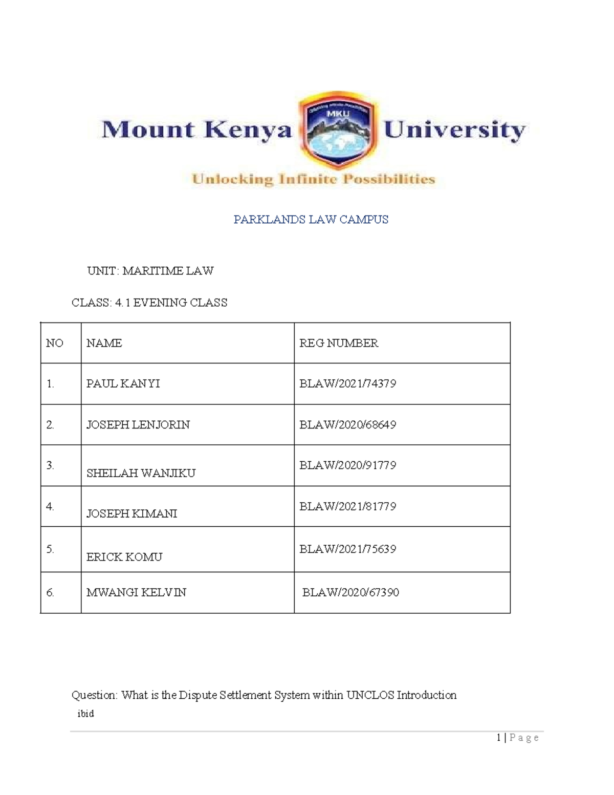 Group 5 - Maritime Law Evening Class - PARKLANDS LAW CAMPUS UNIT: MARITIME LAW CLASS: 4 EVENING ...