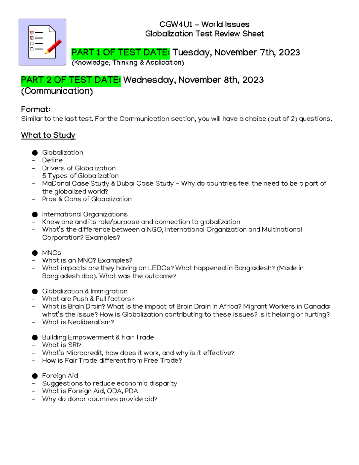 Unit 2 Test Review Sheet - CGW4U1 - World Issues Globalization Test ...
