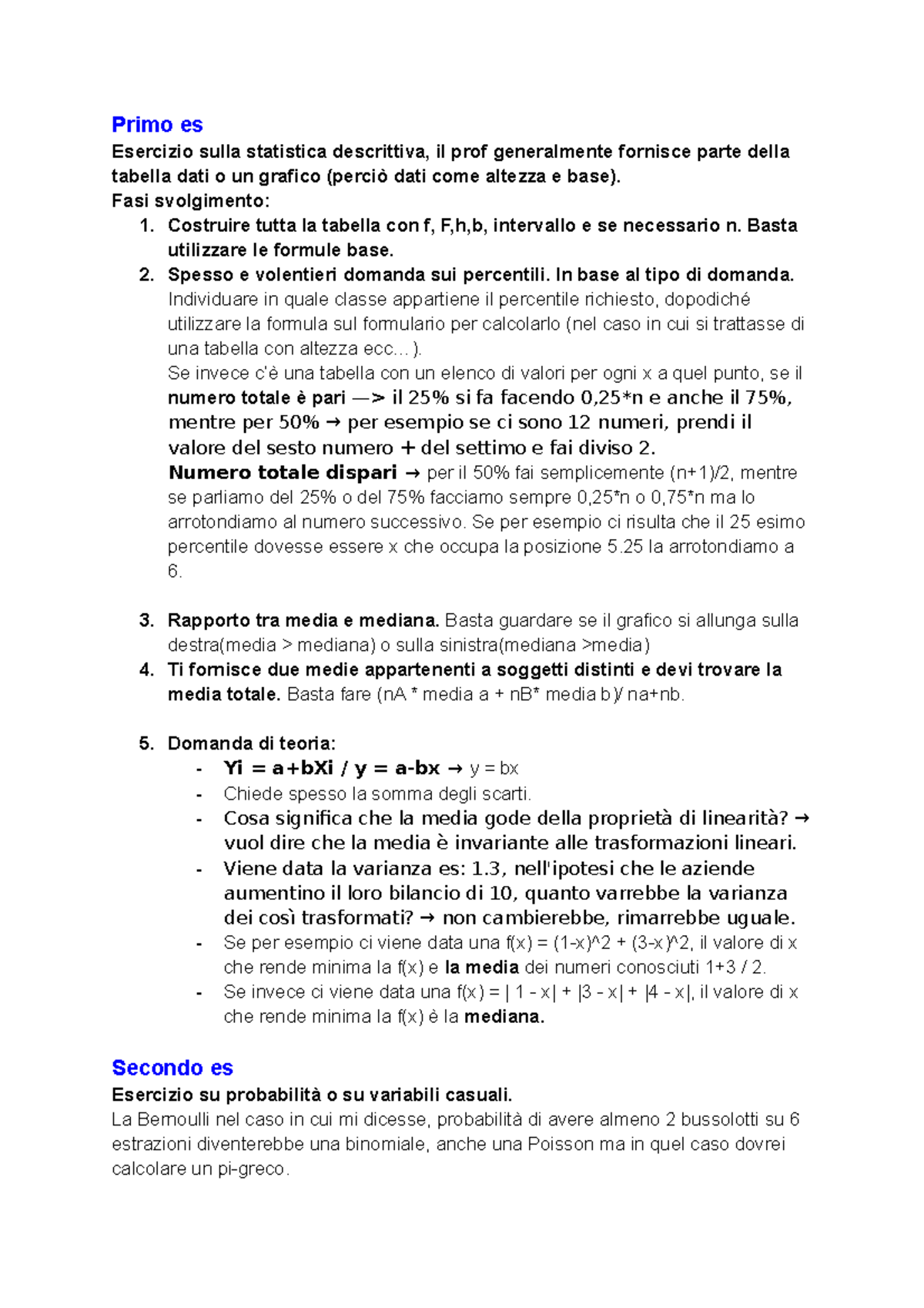 Statistica - schema - Primo es Esercizio sulla statistica descrittiva, il prof generalmente ...