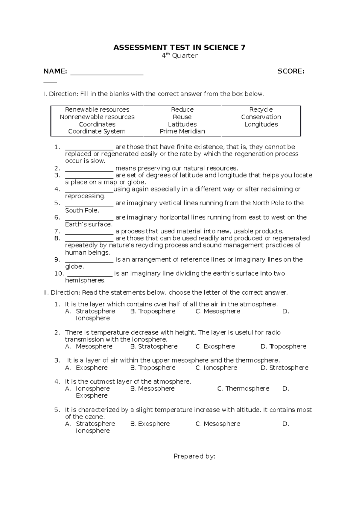 Assessment TEST IN Science 7 - ASSESSMENT TEST IN SCIENCE 7 4 th ...