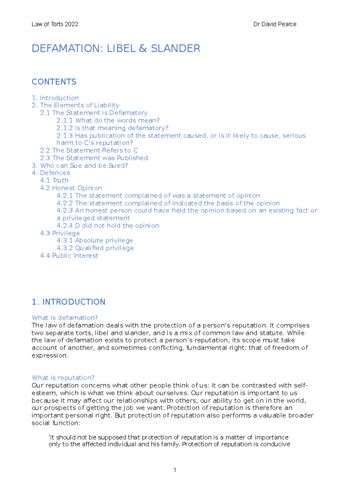 Defamation Lecture Handout 2022 - DEFAMATION: LIBEL & SLANDER CONTENTS ...