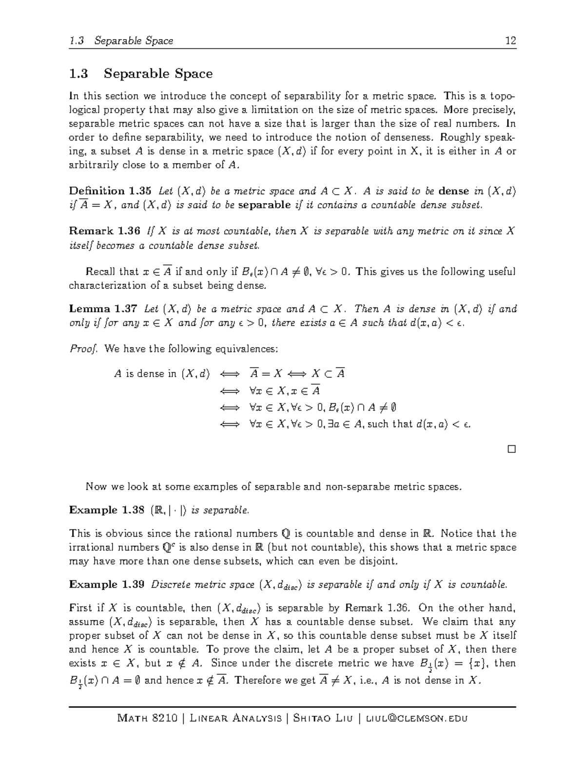 Section 1 Math8210 Lecture Notes 1 Separable Space In This Section We Introduce The Concept
