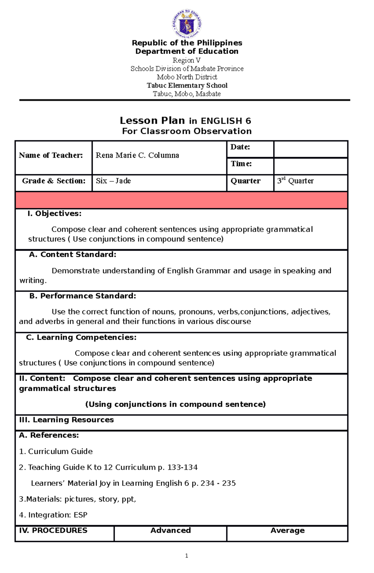 LP - CO2 - Classroom Observation - LP - Republic of the Philippines Department of Education ...