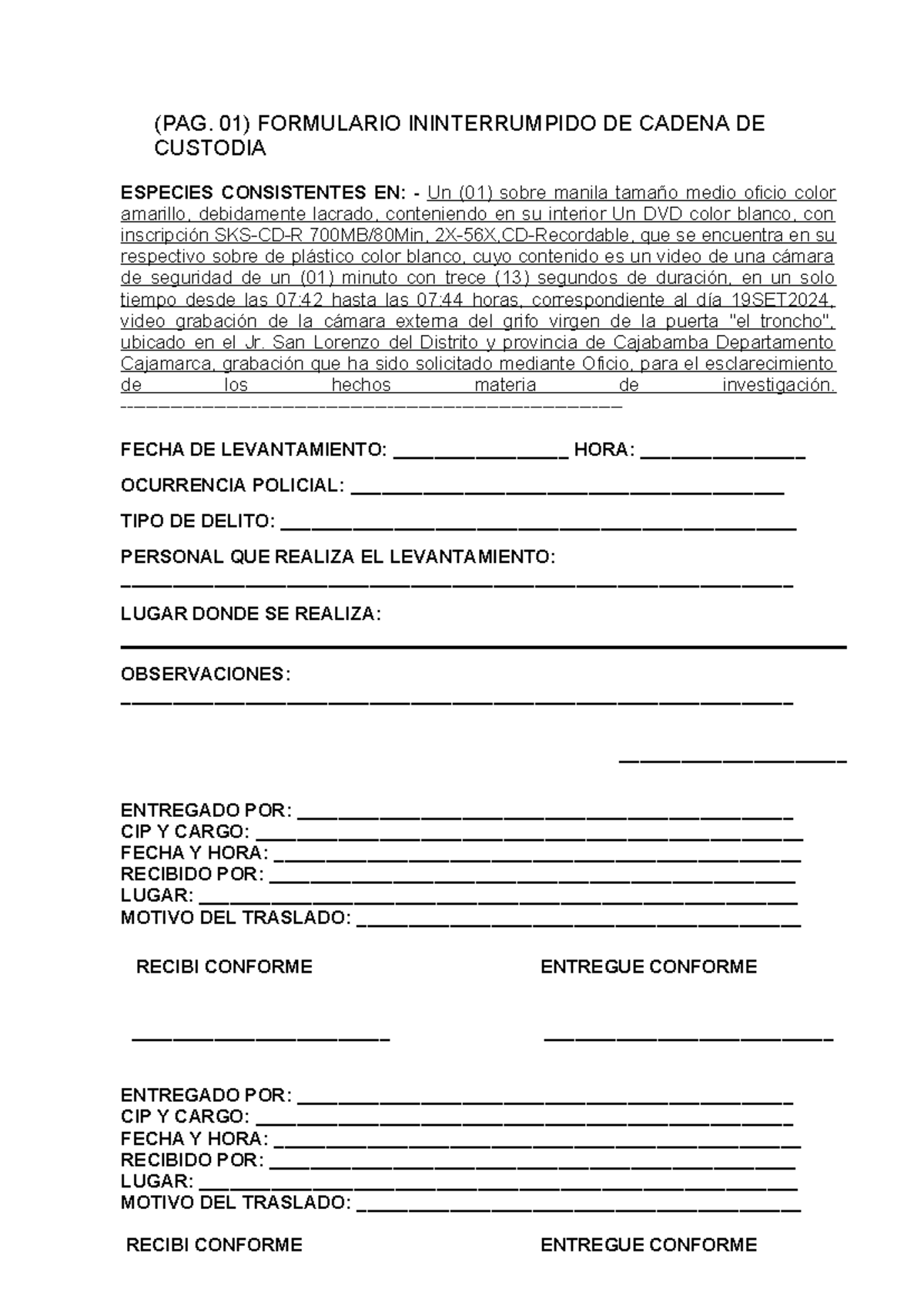 cadena de custodia - (PAG. 01) FORMULARIO ININTERRUMPIDO DE CADENA DE ...