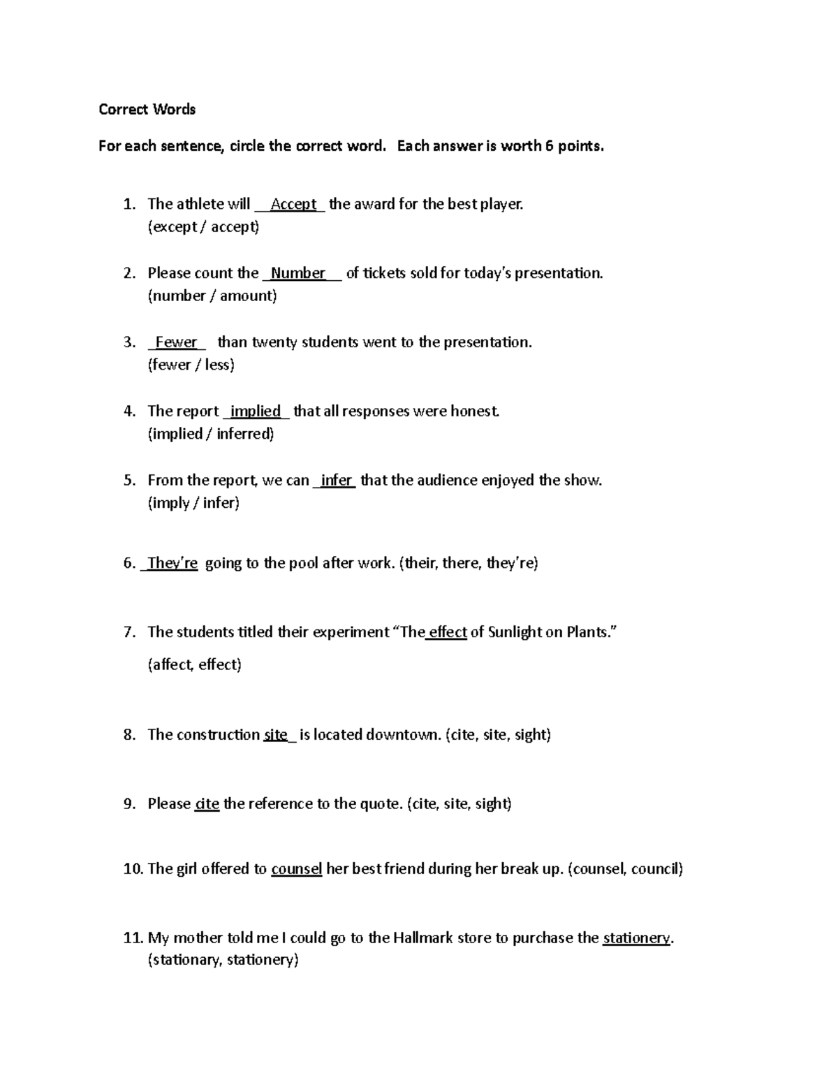Correct Words assignment - Correct Words For each sentence, circle the ...