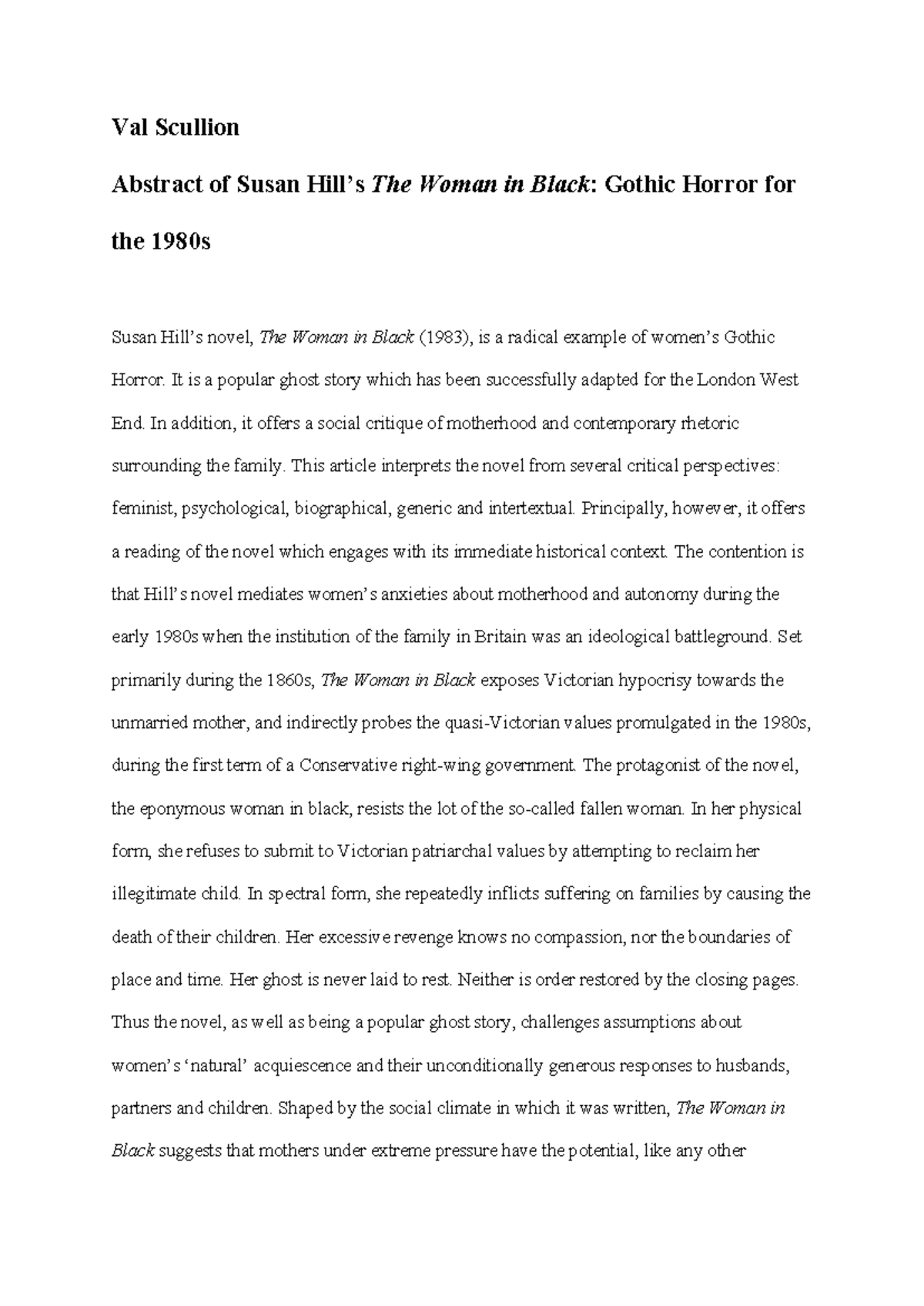 Gothic Horror for the 1980s - Val Scullion Abstract of Susan Hill’s The ...