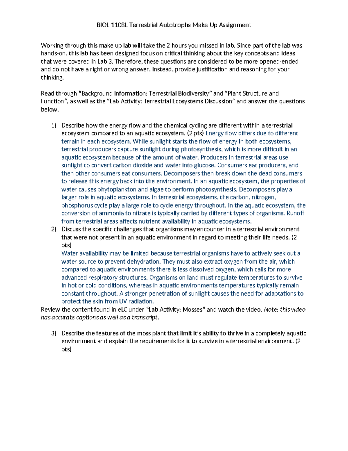 BIOL 1108L Terrestrial Autotrophs Make Up Assignment-2 - Working ...