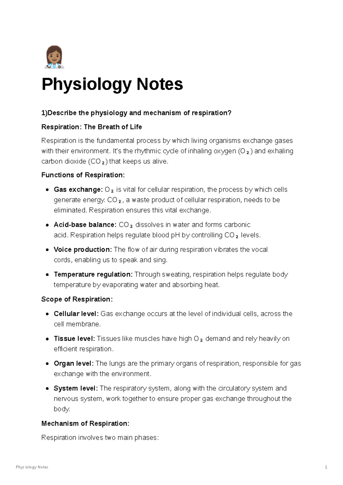 Physiology short notes - Physiology Notes 1)Describe the physiology and ...