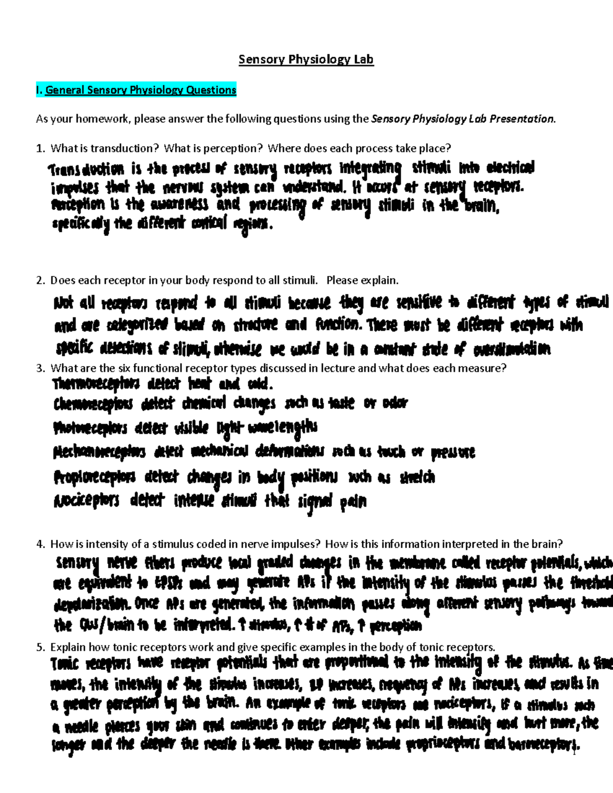 Sensory Physiology - General Sensory Physiology Questions As your ...