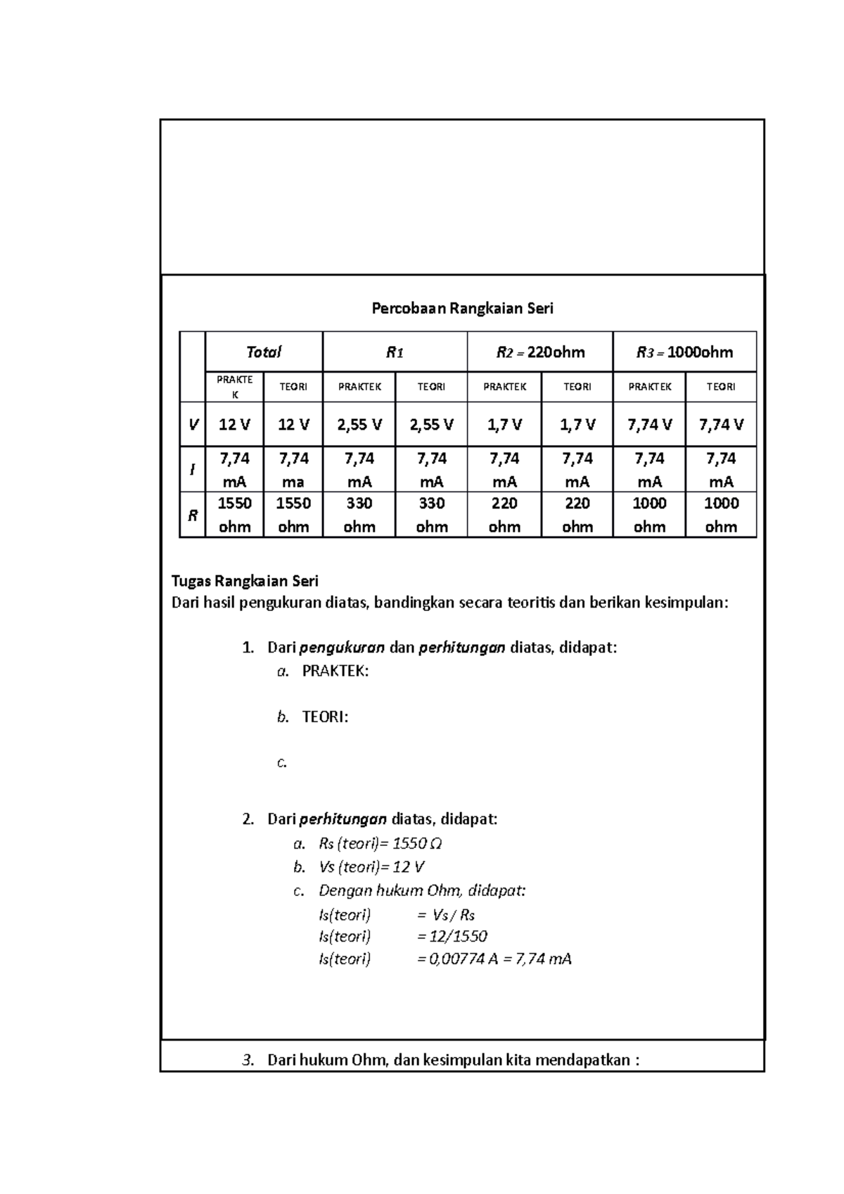 Percobaan rangkaian seri - Percobaan Rangkaian Seri Total R 1 R2 ...