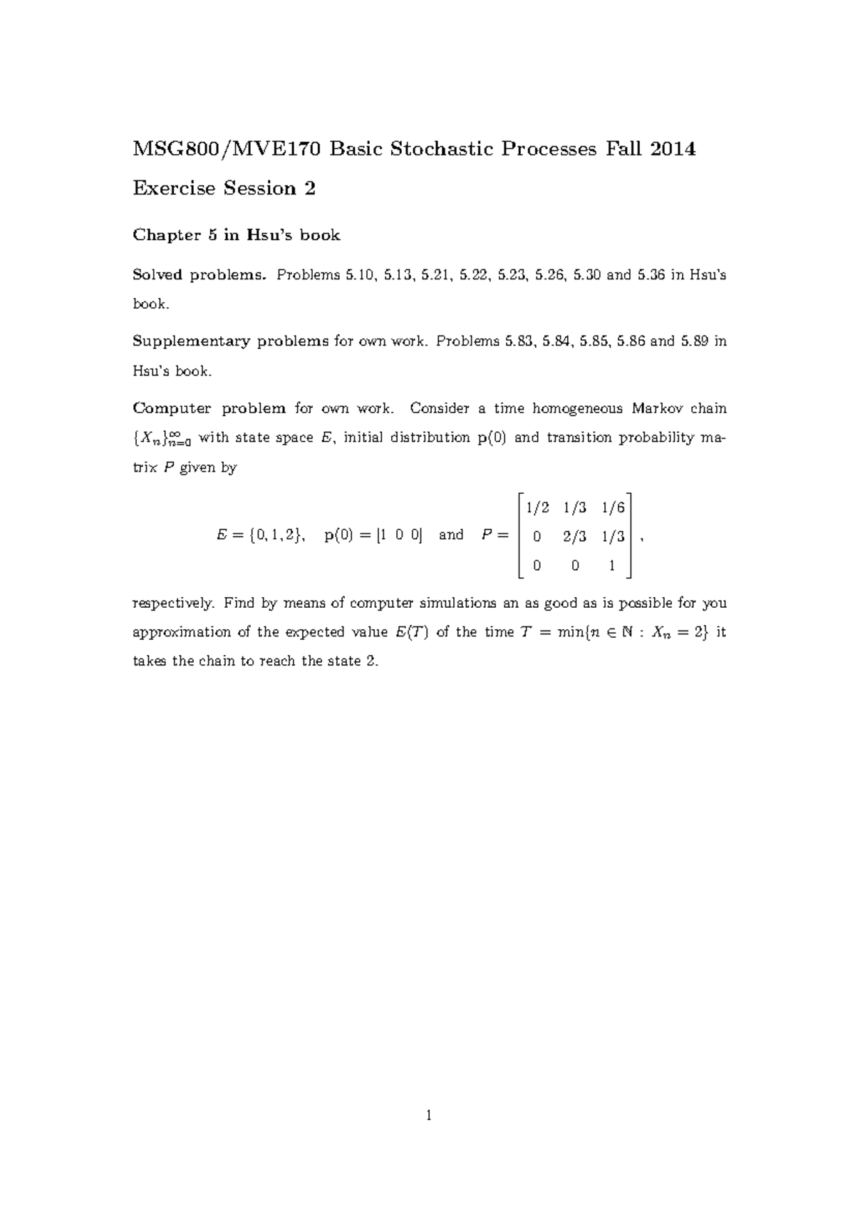 Soleve Exercise From Chapter 5 Basic Stochastic Processes Msg800