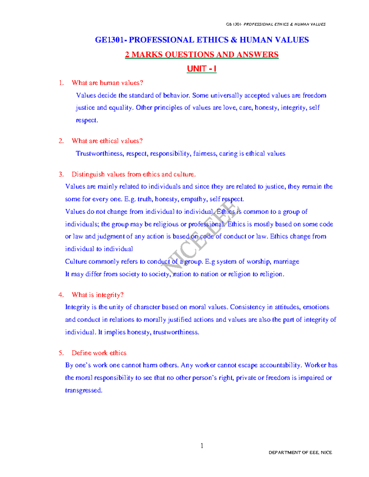 Two Marks - Nil - GE1301- PROFESSIONAL ETHICS & HUMAN VALUES 2 MARKS ...