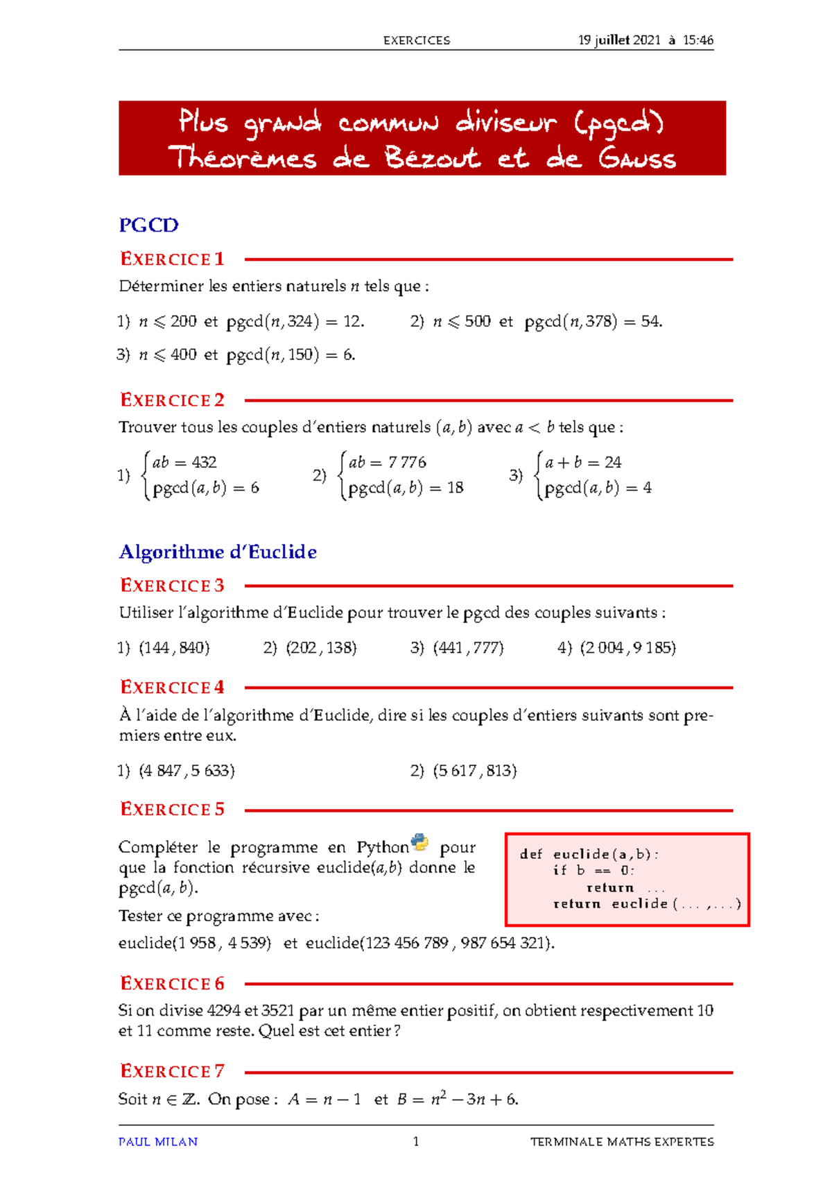 04 exos pgcd bezout gauss - EXERCICES 19 juillet 2021 à 15: Plus grand commun diviseur (pgcd ...