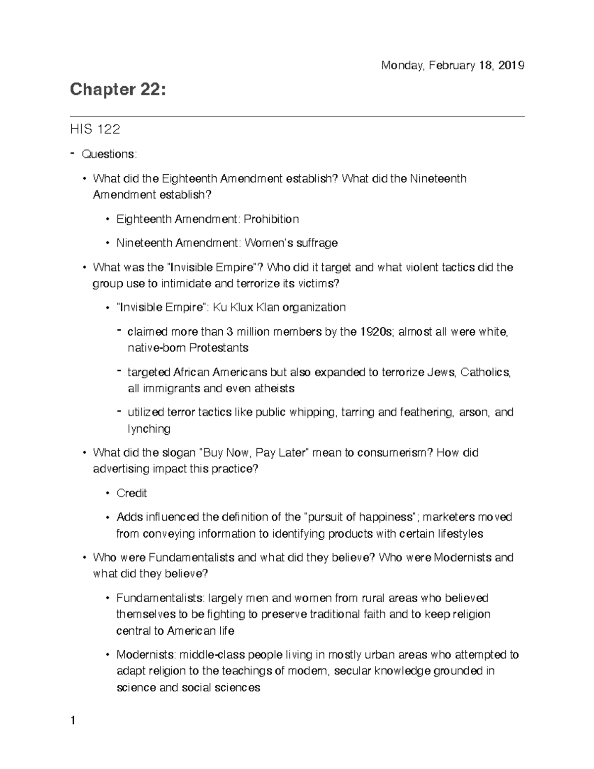 Chapter 22 (History) - Monday, February 18, 2019 Chapter 22: HIS 122 ...