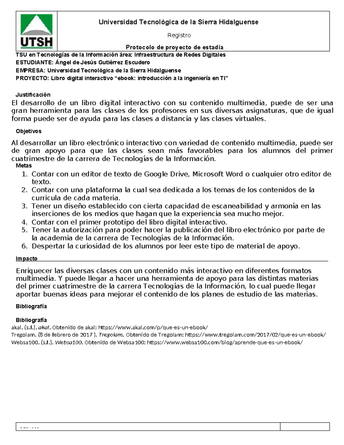 Protocolo ejemplo - Universidad Tecnológica de la Sierra Hidalguense Registro Protocolo de ...