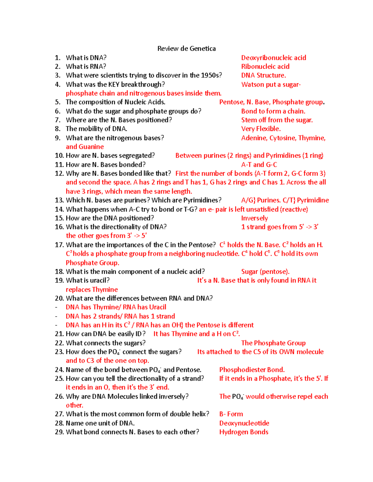 Examen 1 Genetica - Review de Genetica What is DNA? Deoxyribonucleic ...