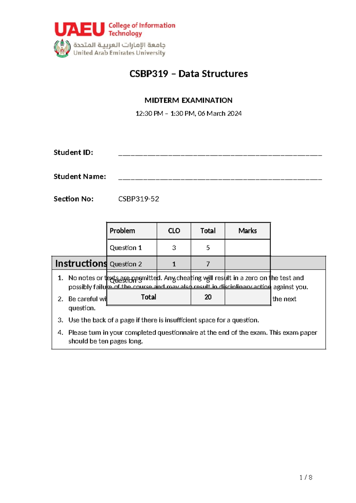 CSBP319 SP2023 Midterm F - CSBP319 – Data Structures MIDTERM EXAMINATION 12:30 PM – 1:30 PM, 06 ...