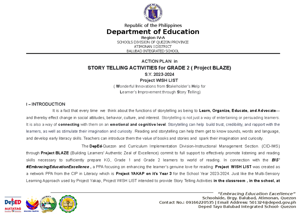 BIS Action PLAN for Story Telling Activities in Grade TWO - Department ...