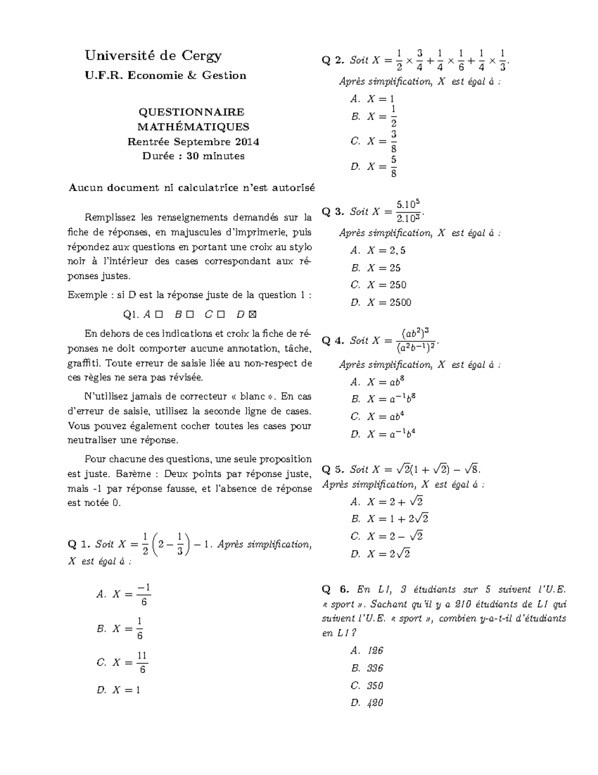 QCM rentree 2014 - Université de Cergy U.F. Economie & Gestion QUESTIONNAIRE MATHÉMATIQUES - Studocu