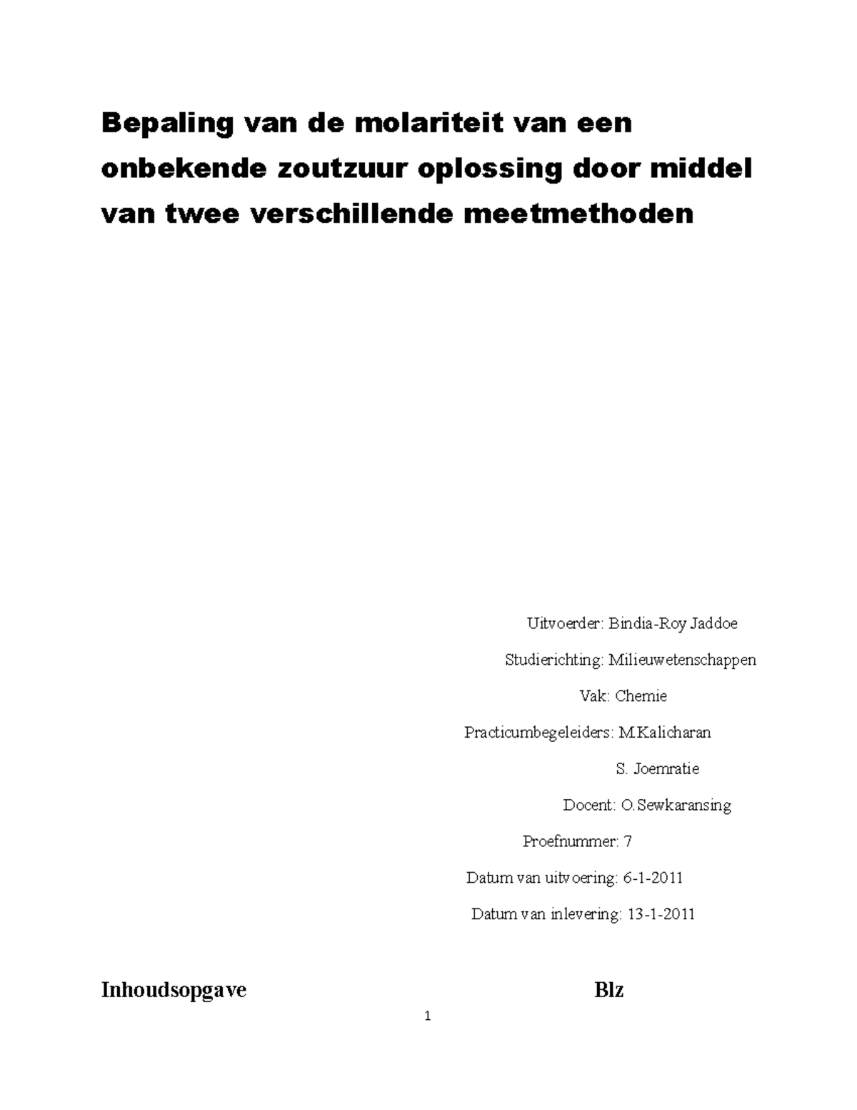 Bepaling van de molariteit van een onbekende zoutzuur oplossing door ...