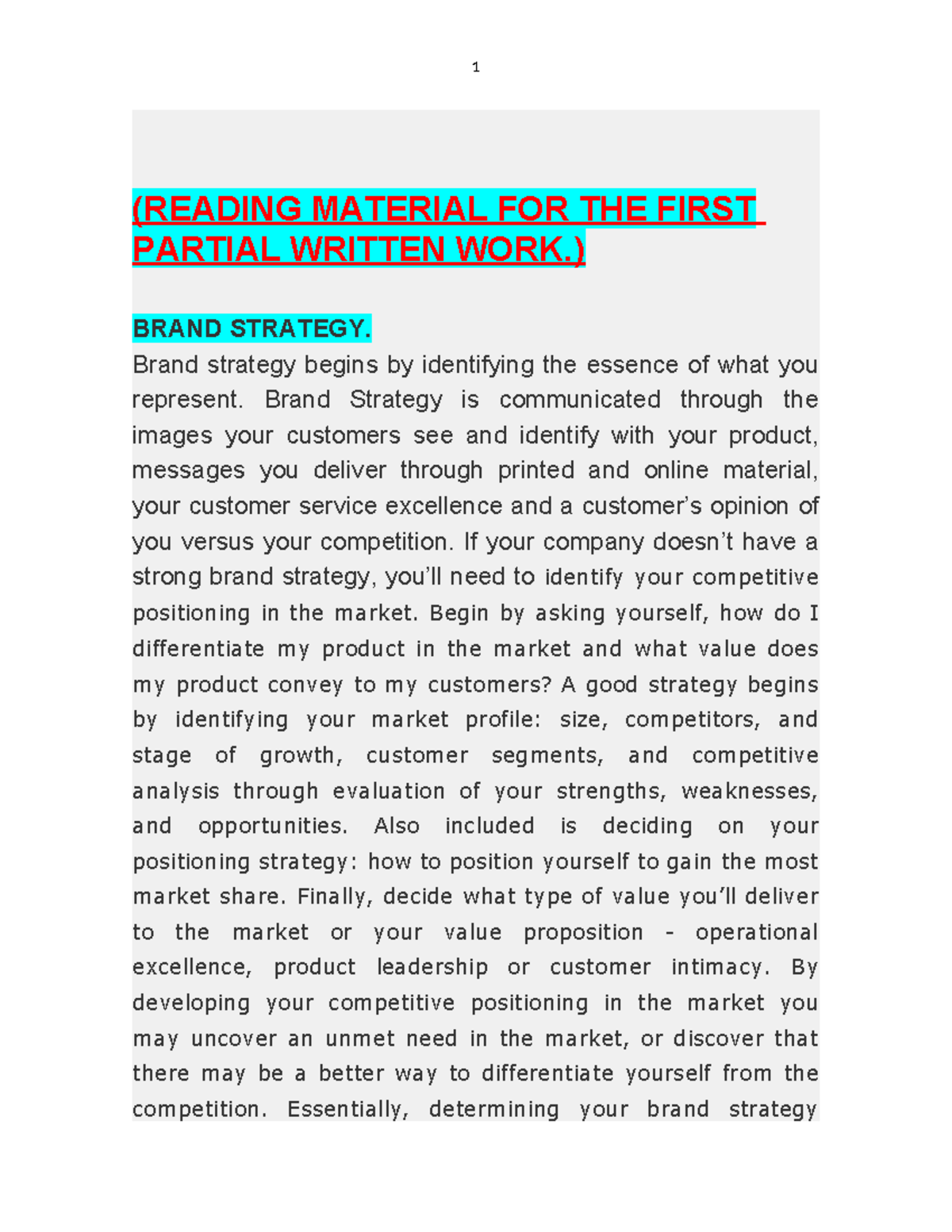 Reading.- Brand Strategy - (READING MATERIAL FOR THE FIRST PARTIAL ...