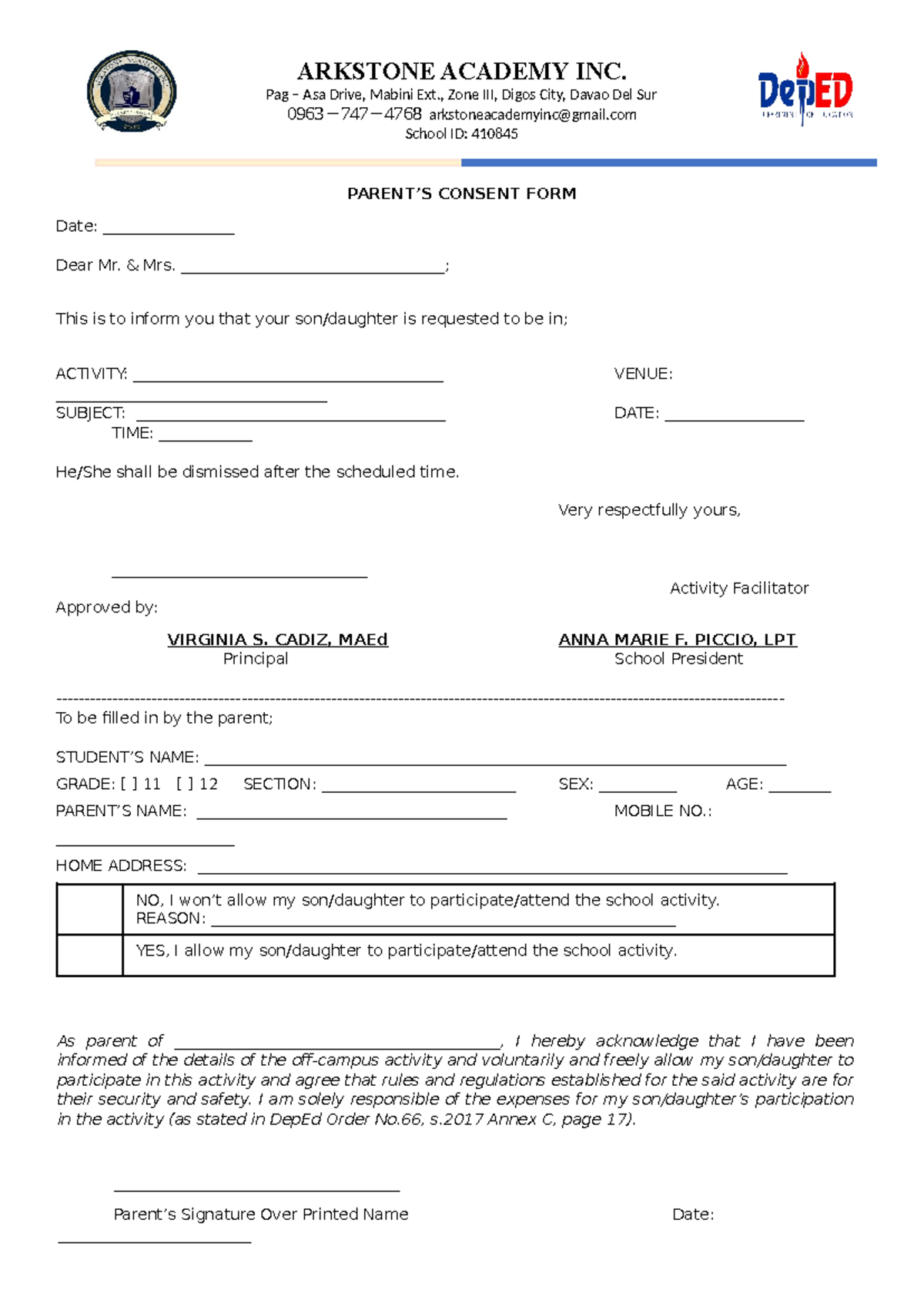 Parent Consent- Deped - for better understanding - ARKSTONE ACADEMY INC ...