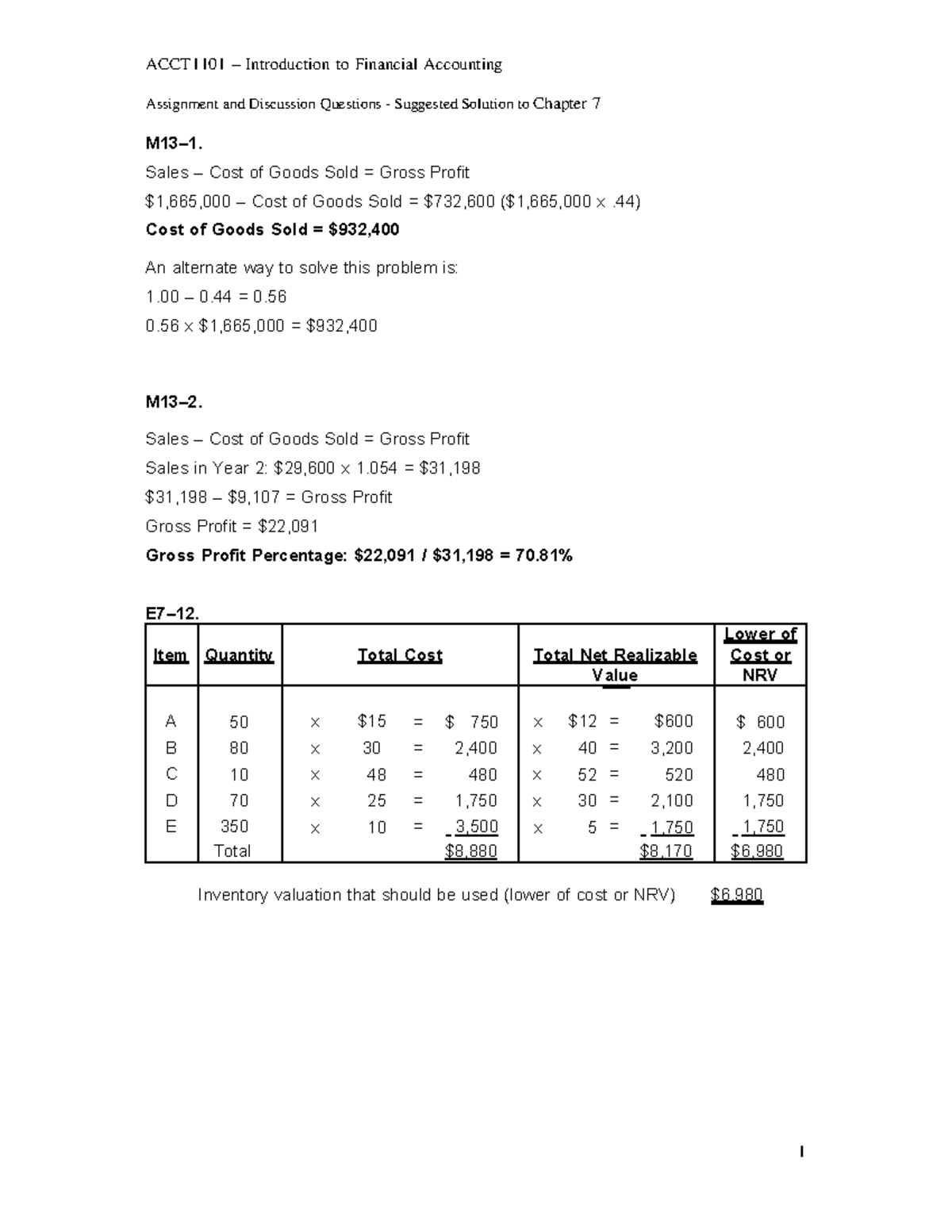 ACCT1101 Discussion Questions Solution Chapter 07 - Assignment and ...
