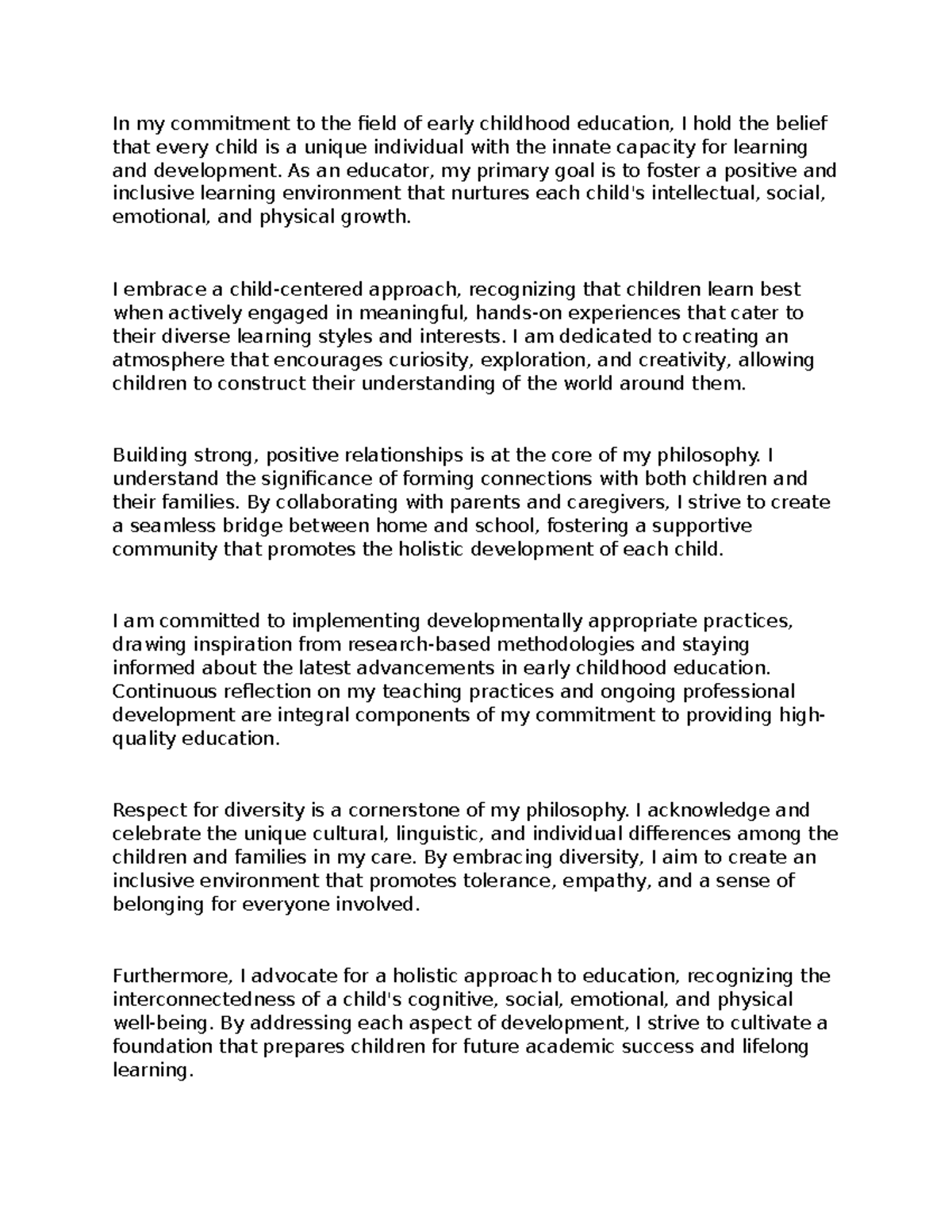 Professional Philosophy Statement - In my commitment to the field of ...