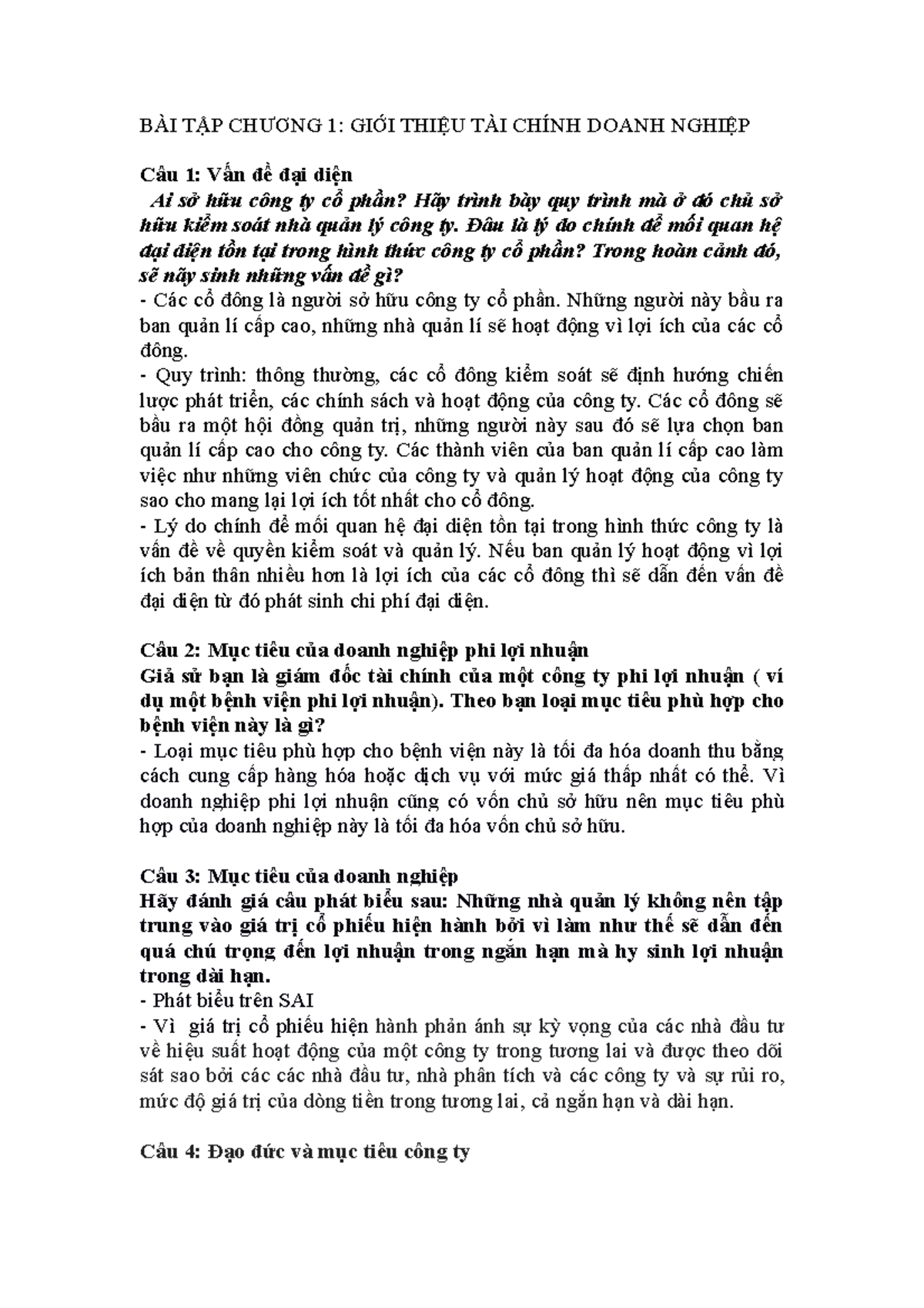 BÀI TẬP C1 tcdn - BÀI TẬP CHƯƠNG 1_TCDN - BÀI TẬP CHƯƠNG 1: GIỚI THIỆU TÀI CHÍNH DOANH NGHIỆP ...