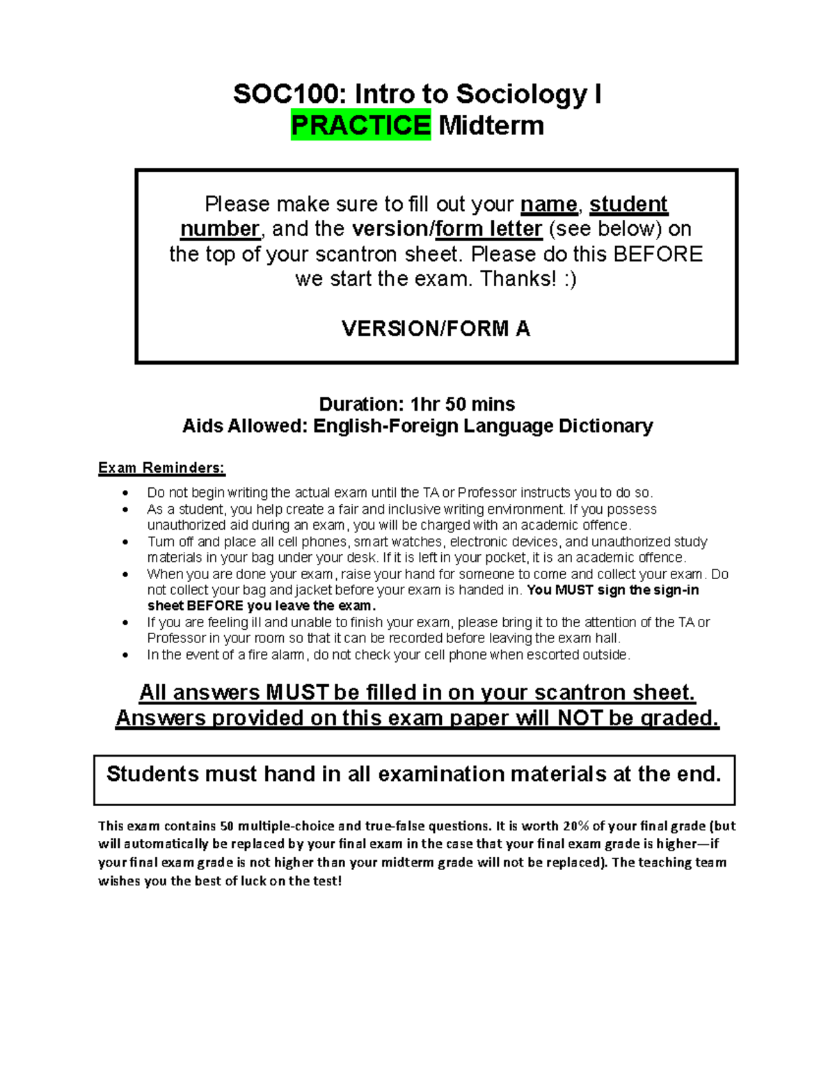 Practice Midterm- SOC100- Dr.Mc Ivor- Winter 2024 - SOC100: Intro to ...