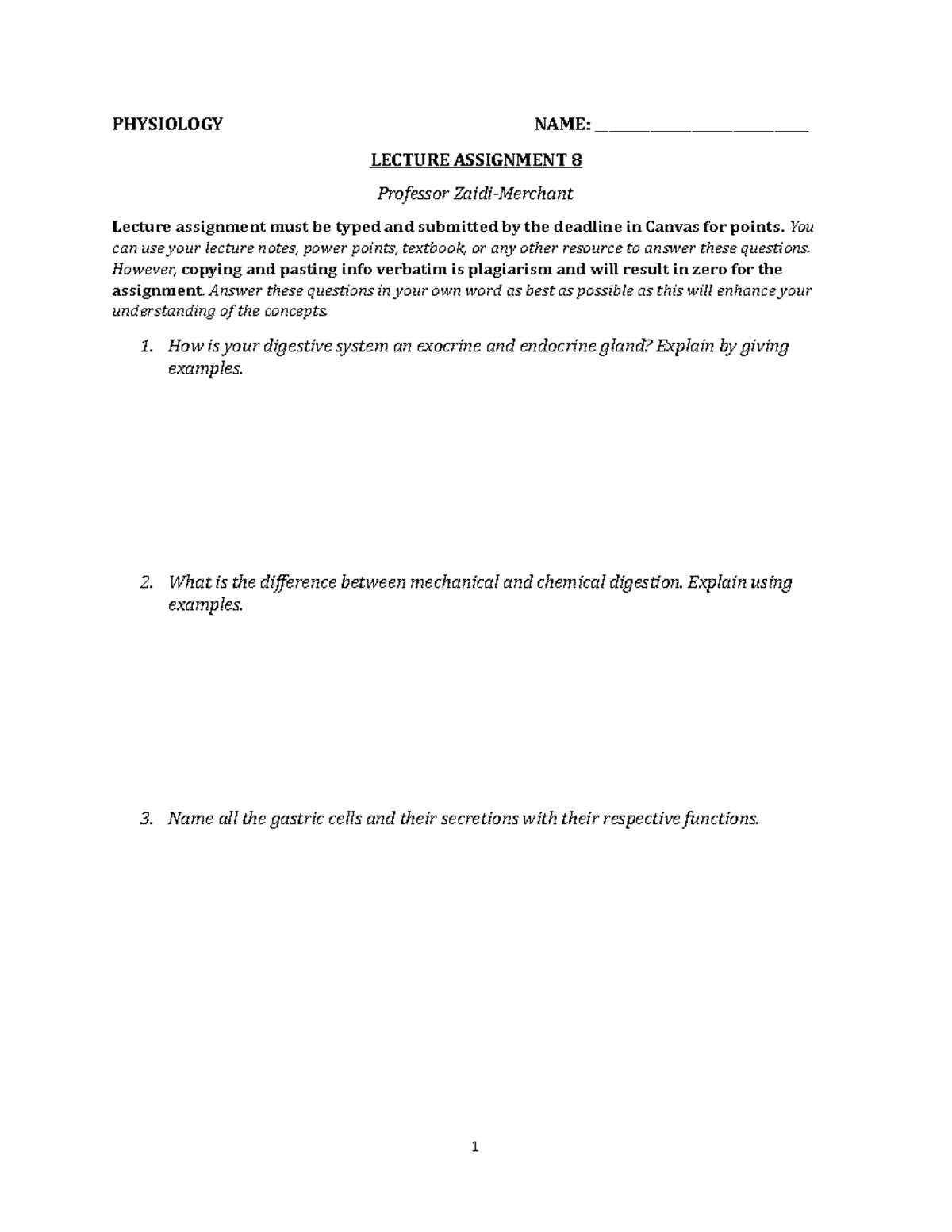 Physio Assignment 8 - PHYSIOLOGY NAME: _______________________________ LECTURE ASSIGNMENT 8 ...