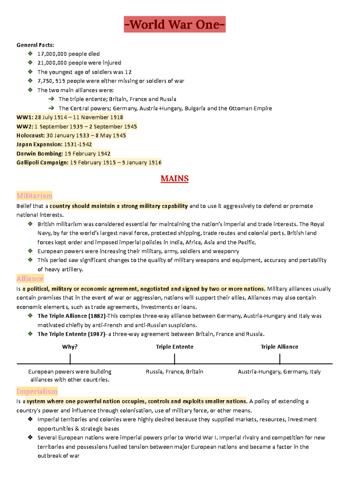 Year 10 WW1 notes -World War One- General Facts: 17,000,000 people died ...