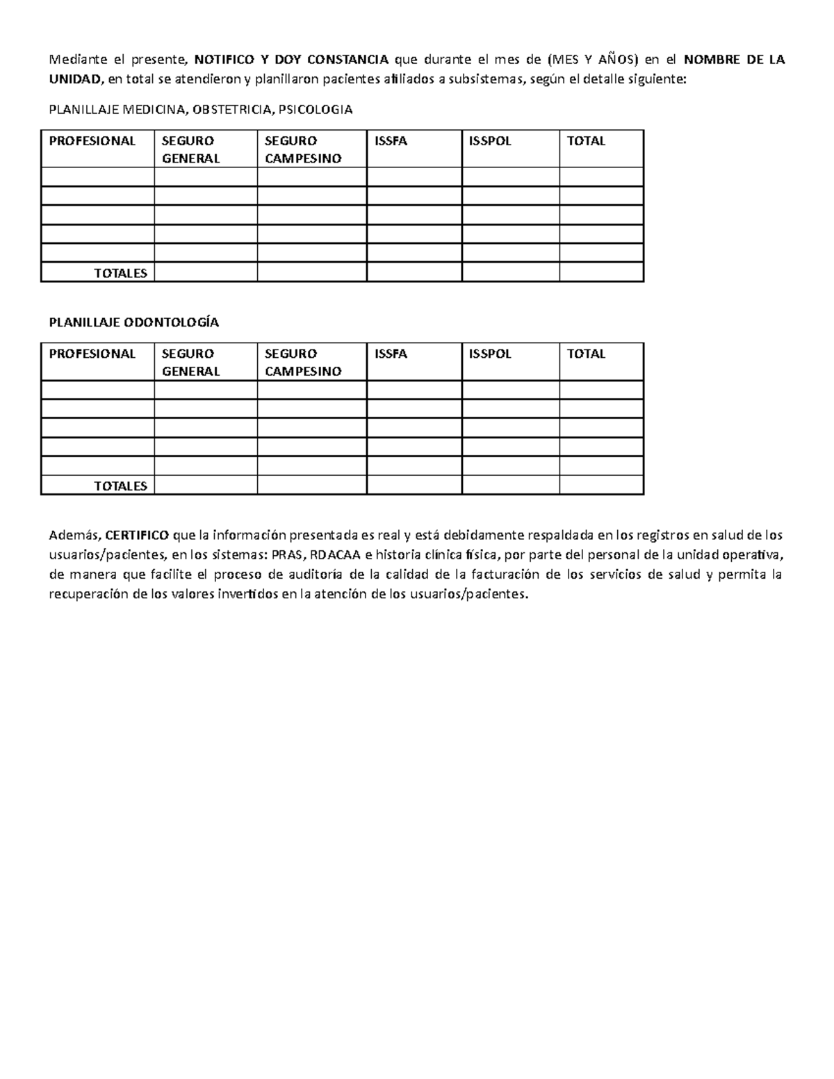 Modelo formato entrega informe planillaje - Mediante el presente ...