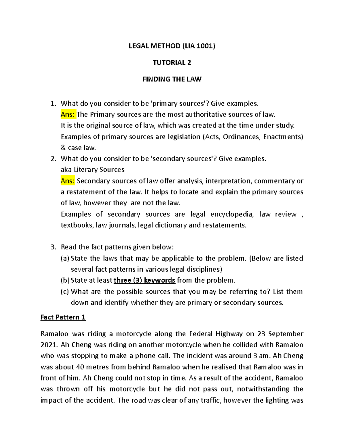 Tutorial 2 Sources for legal research (updated 2021) - LEGAL METHOD (LIA 1001) TUTORIAL 2 ...