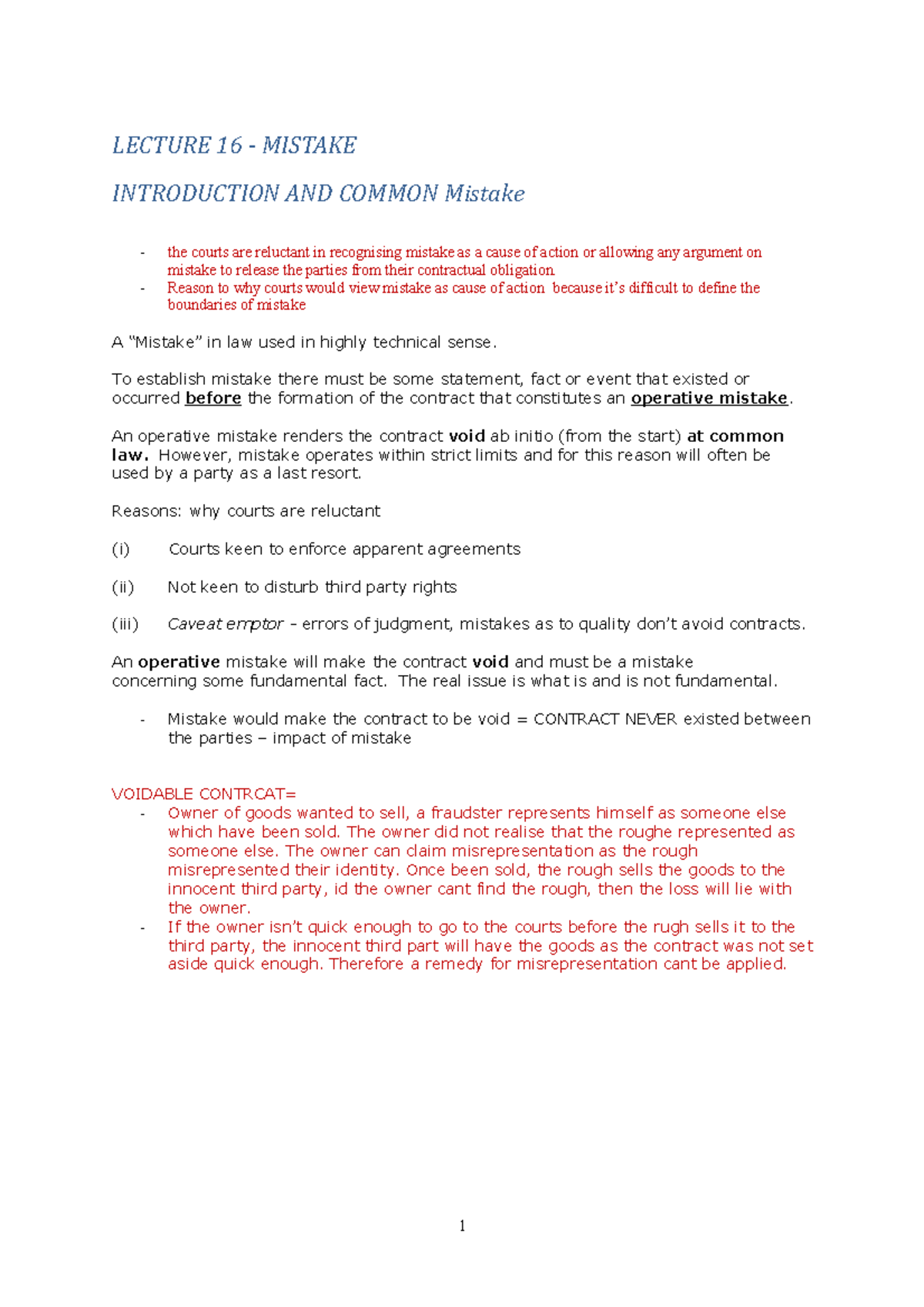 Lecture 16 Mistake 1 Contract LAW - LECTURE 16 - MISTAKE INTRODUCTION AND COMMON Mistake the ...