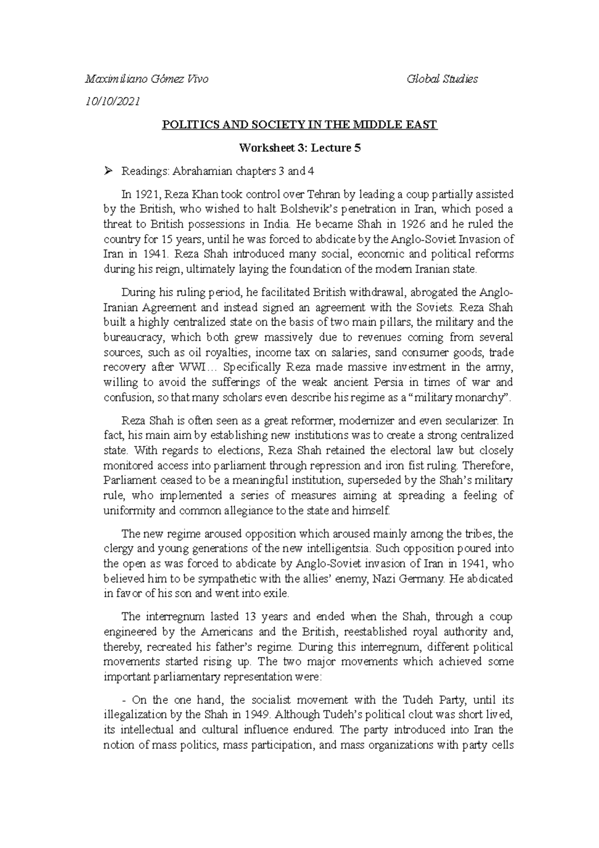 POLITICS AND SOCIETY IN THE MIDDLE EAST: Worksheet 3 - RGST 140B - StuDocu